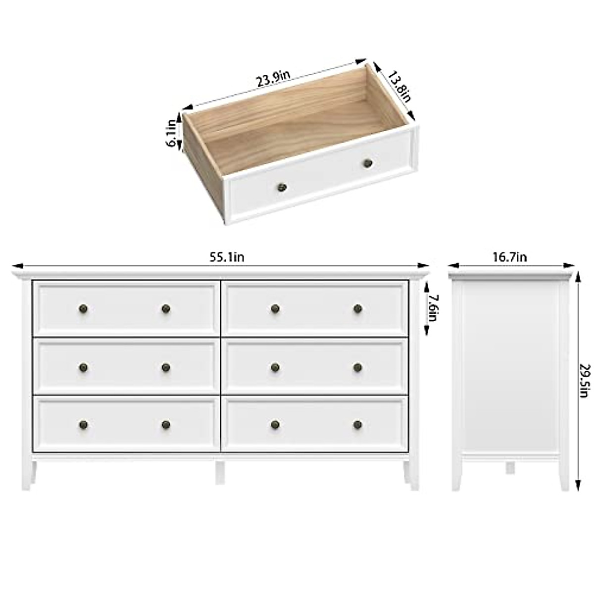 IKENO 6 Drawer Double Dresser, 55 inch Solid Wood Bedroom Dresser in White