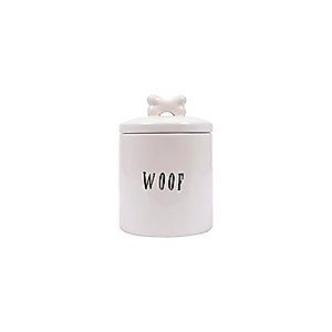 Creative Co-Op Farmhouse Ceramic Jar with "Woof" Message and Lid with Bone, White and Black