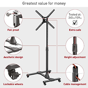 Barkan Mobile TV Cart 13-65 inch Tilt and Height Adjustment Stand, Holds Up to 80 lbs, Glossy Finish, Lockable Wheels, 5 Year Warranty, Rolling Trolley, Fits LED OLED LCD, Black
