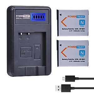 PowerTrust 2-Pack 3.7v NP-BN1 Replacement Battery and LCD USB Charger for Sony NP-BN1 Cyber-shot DSC-QX10 QX100 T99 T110 TF1 TX5 TX7 TX9 TX10 TX20 TX30 TX55 TX66 TX100V TX200V W310 W320 W330 W350 W360