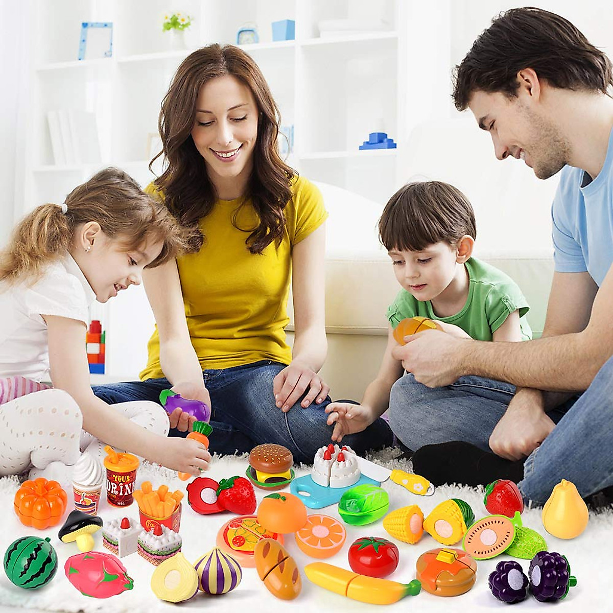 FLY2SKY 60 Pcs Play Food Toys for Kids Kitchen Pretend Play Accessories Cutting Toys Fruits Food Cake Play Set Christmas Birthday Gifts for Girls Boys Toddlers Learning Toys with Storage Bag