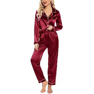 Women's Silk Satin Pajama Button Down Long Sleeve and Pants Set Sleepwear Loungewear Wine Red M