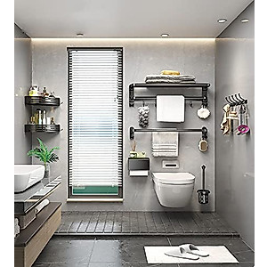 Yariwiz Matte Black Towel Rack Wall Mounted No Drill and Screw Mounting, Bathroom Bath Shower 22.5 inch Double Towel Rod with Shelf Hotel