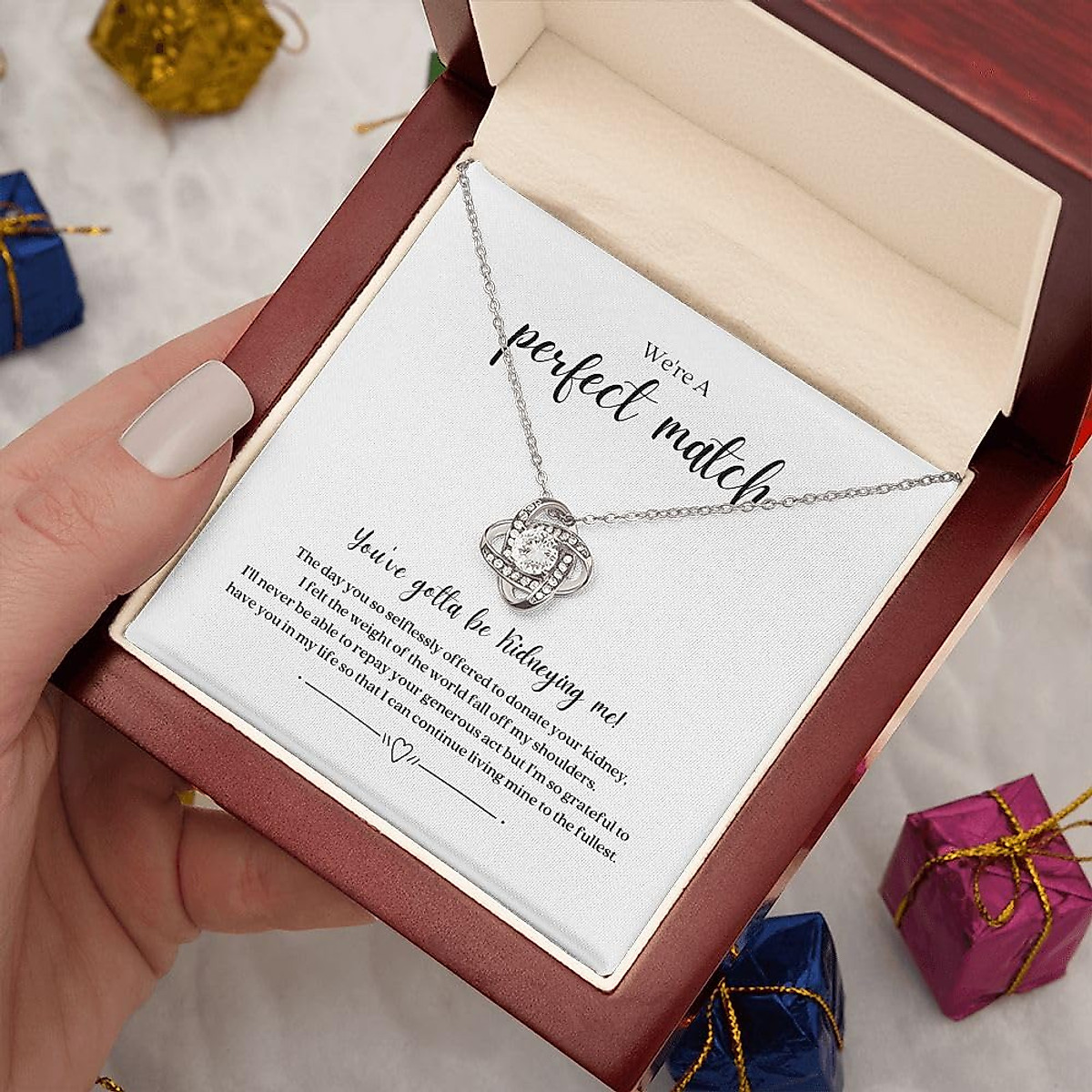 Kidney Donor Thank You Necklace with Message Card, Kidney Transplant Jewelry Gift Knot Necklace (Gift Box: Standard Two Tone), White Gold