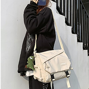 Inshere Aesthetic Crossbody Bag with Cute Pins and Ornament, Casual Shoulder Messenger Bag Japanese Kawaii Bag for Women Men (White)