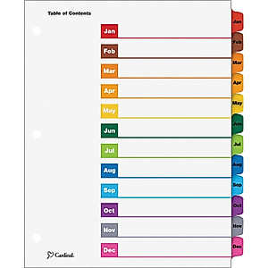 Cardinal OneStep Binder Dividers, 12-Tab Monthly, Customizable Table of Contents, Reversible Multicolor Tabs, 1 Set (60318CB)