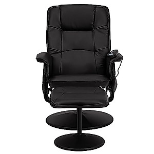 Flash Furniture Cason Massaging Adjustable Recliner with Deep Side Pockets and Ottoman with Wrapped Base in Black LeatherSoft