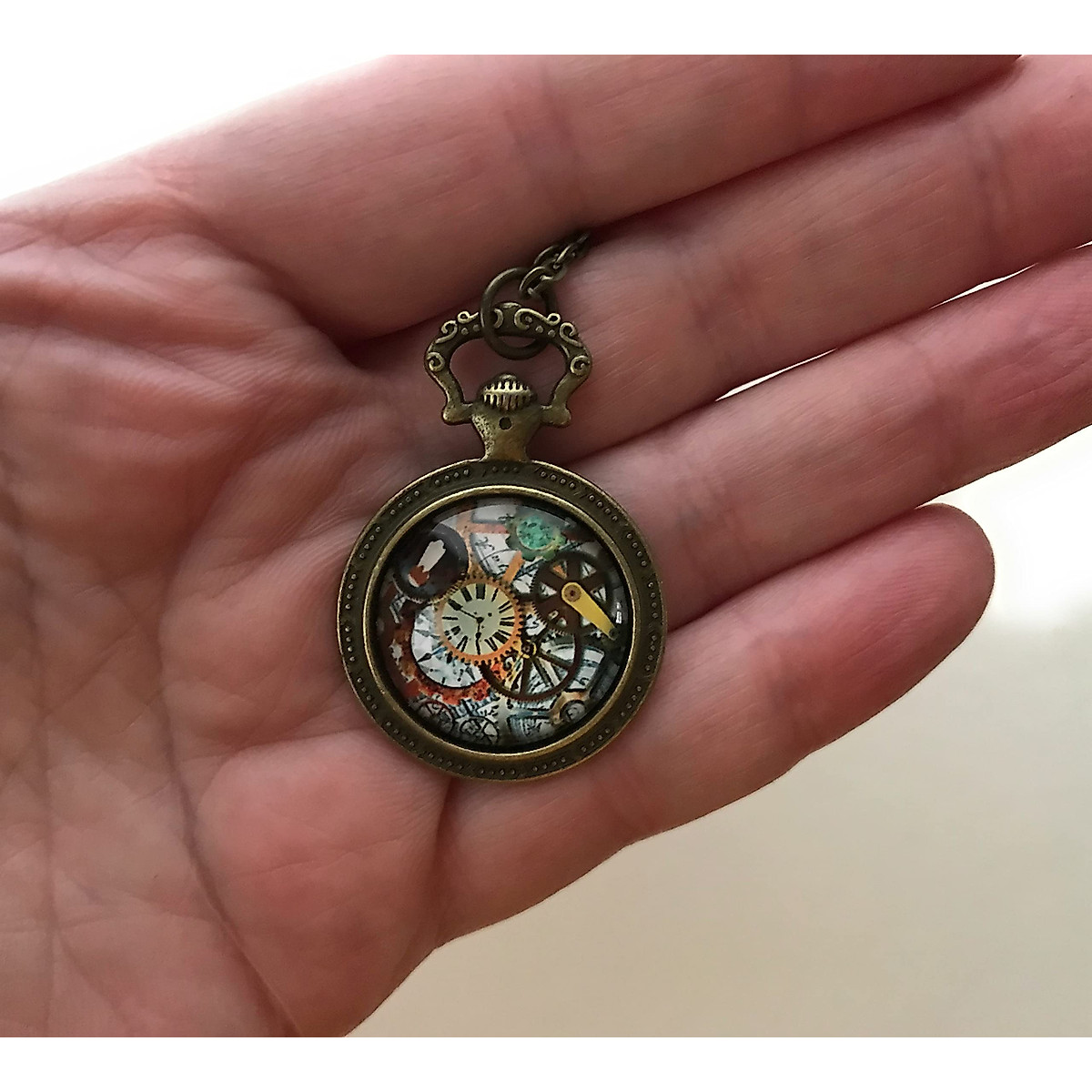 Steampunk Necklace | Colorful Gear Image Cabochon Pocket Watch Pendant Setting - Handmade Jewelry