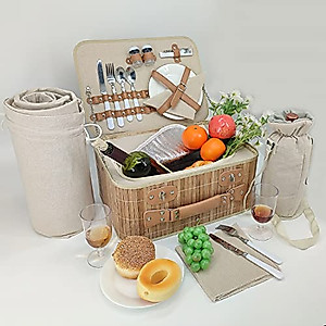 Picnic Basket for 2 with Waterproof Blanket and Insulated Wine Pouch 18Pcs Picnic Basket Set Hamper with Full Cutlery Kit for Two, Family,Couple,Camping,Outdoor,Valentine Day,Wedding Gift, Birthday