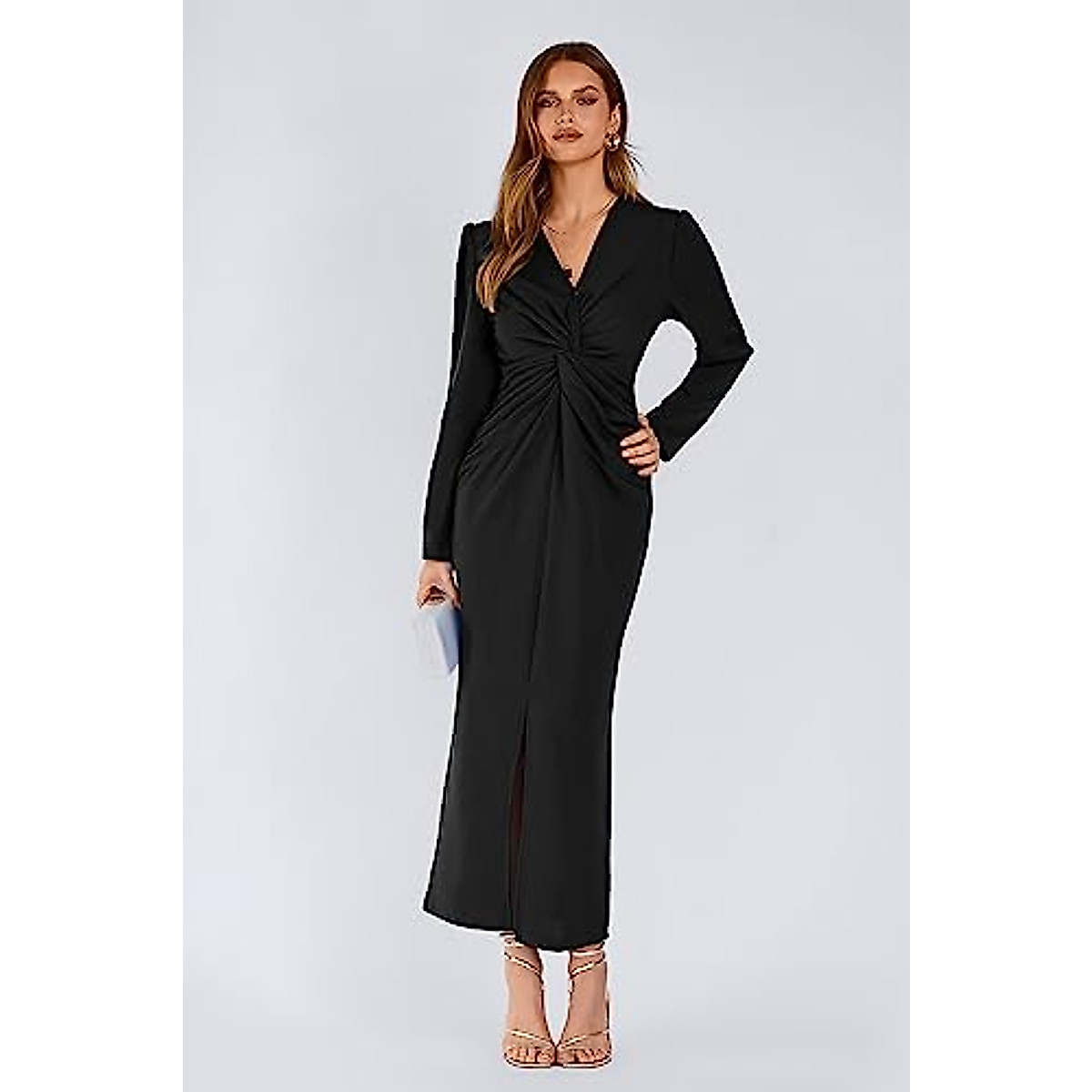 PRETTYGARDEN Women's Fall Fashion 2023 Long Puff Sleeve Maxi Dresses V Neck Twist Front Formal Dress with Slit (Black,Medium)