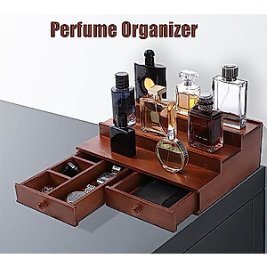 Boulphia Cologne Organizer for Men, Wooden Perfume Organizer for Dresser, Perfume Holder Cologne Stand with 3 Tier Display Shelf, Drawer and Hidden Compartment for Storing Perfumes and Accessories
