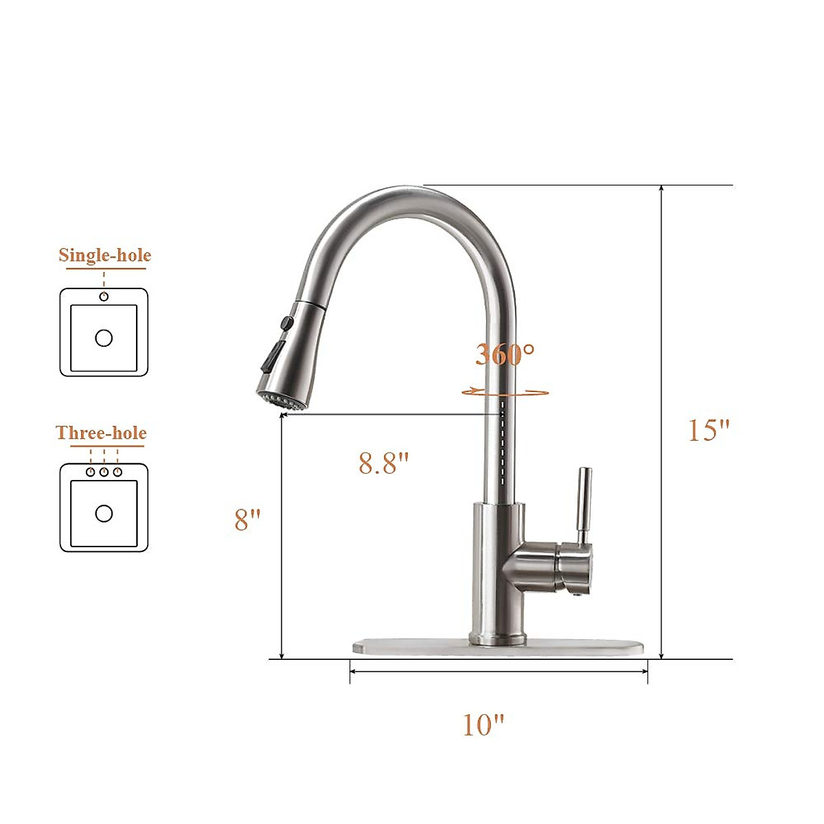 RULIA Brushed Nickel Kitchen Faucet, Kitchen Sink Faucet, Sink Faucet, Pull-Down Kitchen Faucet, Bar Kitchen Faucet, RV Kitchen Faucet, RB1040