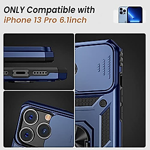Goton Armor Case for iPhone 13 Pro Case with Slide Camera Cover & Kickstand, Heavy Duty Military Grade Protection Phone Case, Built-in 360° Rotate Ring Stand, Shockproof Full Body Rugged Case (Blue)