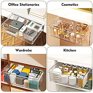 3 Pack Under Desk Drawer Organizer, Slide Out Desk Drawer, Clear Plastic Drawer Under Desk for Office, School, Home, Hidden Desktop Organizer Pen Holder for Desk Self-Adhesive (Clear, 3 Size)