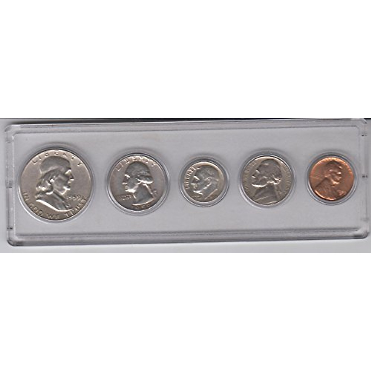 1959 Birth Year Coin Set (5) Coins - Silver Half, Silver Quarter, Silver Dime, Nickel, and Cent all Dated 1959 and Encased in a Plastic Display Case Fine