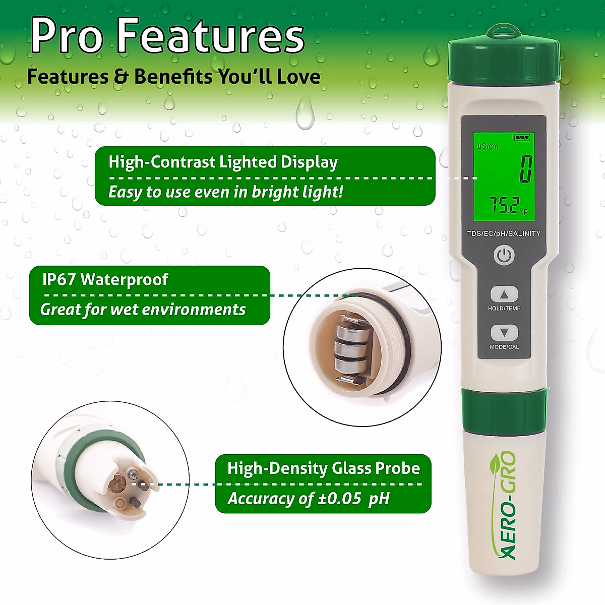 AERO-GRO Digital 5-in-1 Meter: 5 Functions: pH, TDS, EC, Salinity%, Salinity ppm, and Temp, IP67 Waterproof, Pen-Type Tester for Hydroponics, Water, Wine, Spas, Aquariums