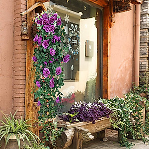 Haoyuetch 2PCS Artificial Rose Vine Flowers with Green Leaves,3Ft Hanging Rose Ivy Plants for Home Wedding Party Garden Wall Decoration (Purple)