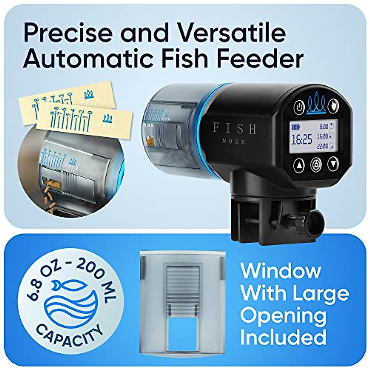 FISHNOSH Automatic Fish Feeder for Aquarium - New Generation 2023, Auto Food Dispenser with Timer for Small Tank, Big Aquariums & Pond - Battery-Operated Feeders for Goldfish, Koi, & More on Weekend