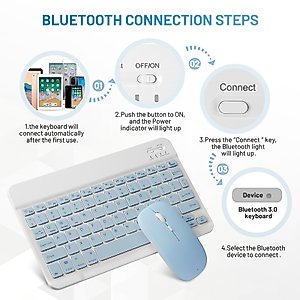 Bluetooth Keyboard and Mouse Combo Rechargeable Portable Wireless Keyboard Mouse Set for Apple iPad iPhone iOS 13 and Above Samsung Tablet Phone Smartphone Android Windows (10 inch Blue)