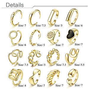 HAIAISO 16Pcs Gold Chunky Dome Ring Set for Women 18K Gold Plated Stackable Open Link Ring Trendy Braided Twisted Geometric Heart Signet Ring Adjustable Band Ring Minimalist Statement Over 3 Years Old