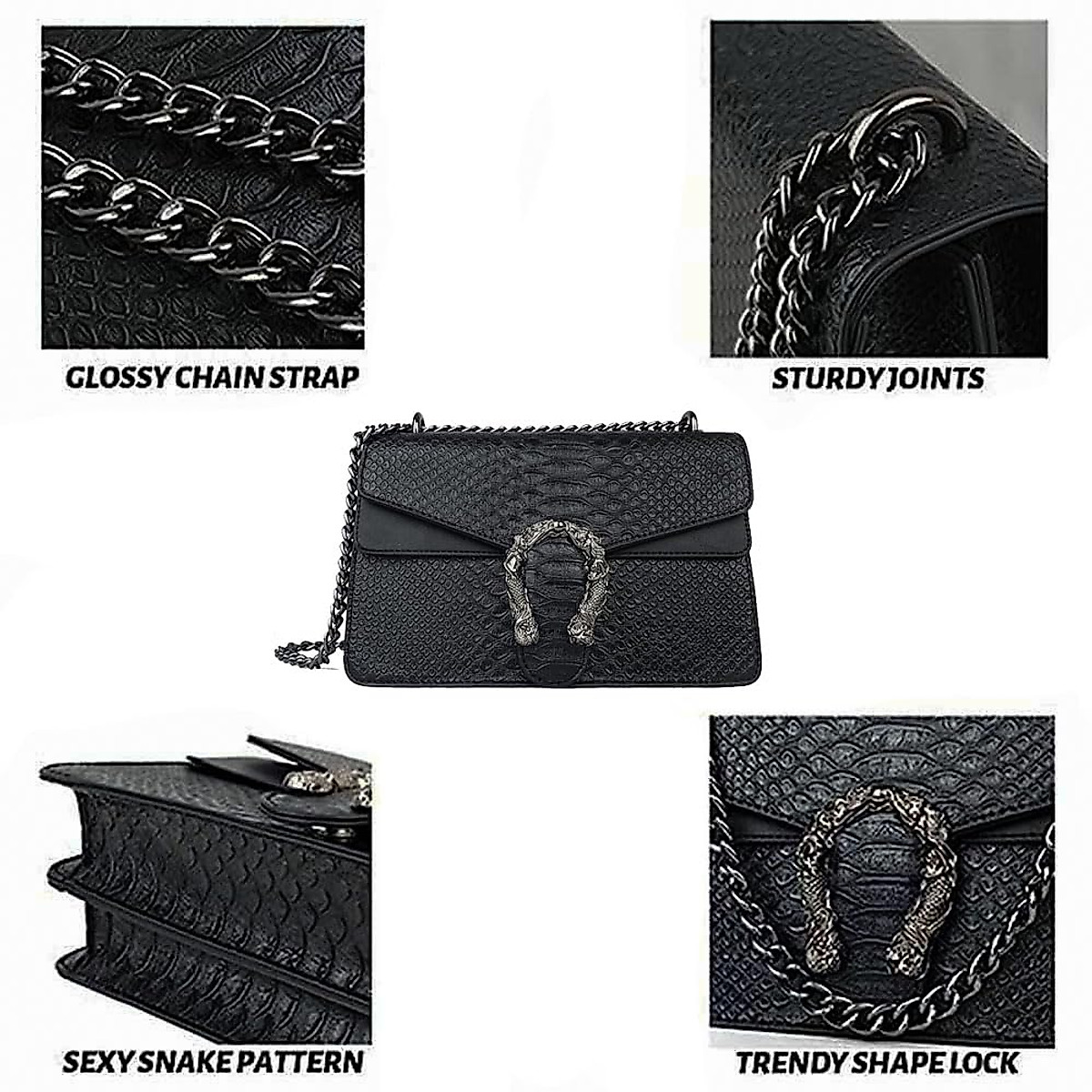 JBB Women's Crossbody Shoulder Bag Retro Snakeskin Solid Color Chain Strap Clutch Leather Bag Black