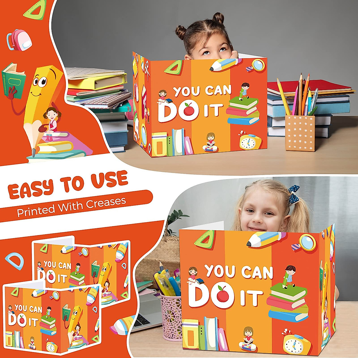 48 Pack Privacy Boards for Students Classroom Shields Cardboard Desk Dividers Trifold Test Privacy Folders Desk Partition Panel with Motivational Messages for Home School Supplies (Classic Style)