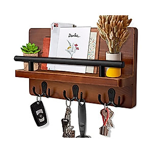 Comfify Natural Pine Wood Key Holder for Wall - Modern Decorative Finish with Metal Key Hooks and Mail Organizer/Sorter Slot - White