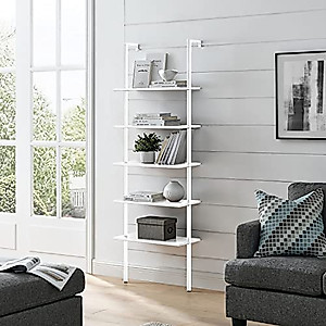 HMOREY 5-Shelf Wood Modern Bookshelf, Open Wall Ladder Bookcase Plant Shelf Vintage Kitchen Shelves Storage, Farmhouse Heavy Duty Display Shelf Wide Modern Open Book Case