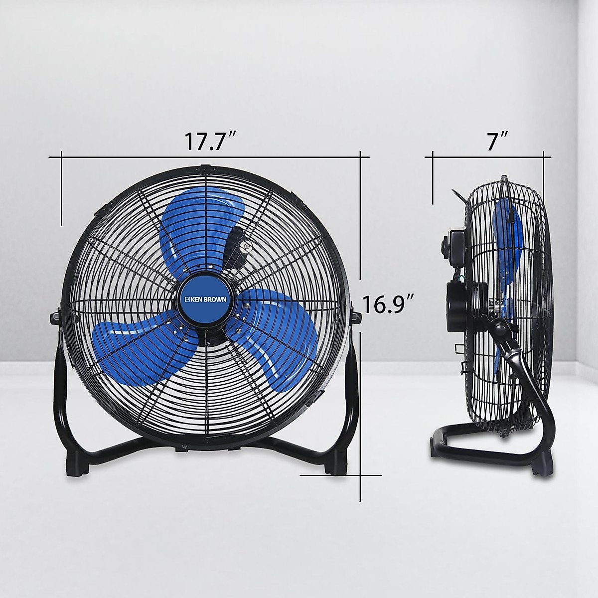 KEN BROWN 14 Inch High Velocity Floor Fan 3-Speed 360° Adjustable Tilting Powerful Airflow for Home,Residential Use, Blue
