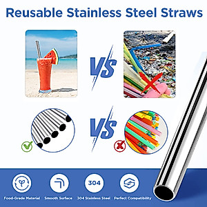 6 Pack Stainless Steel Metal Straws Replacement for Stanley Cup 40 oz Stanley Tumbler Accessories Straws, 0.38'' Wide 12'' Long Reusable Straws with 1 Cleaning Brush, 3 Straight 3 Bent Metal Straws
