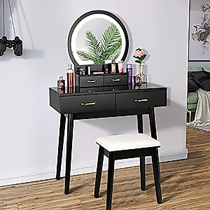 SMOOL Vanity Desk with Lighted Mirror - 3 Color Lighting Modes Adjustable Brightness, 4 Drawers Makeup Table with Soft Cushioned Stool for Bedroom Studio, Black