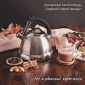 Whistling Tea Kettle with iCool - Handle, Surgical Stainless Steel Teapot for Stovetop, 2 FREE Infusers Included, 3 Quart by Pykal