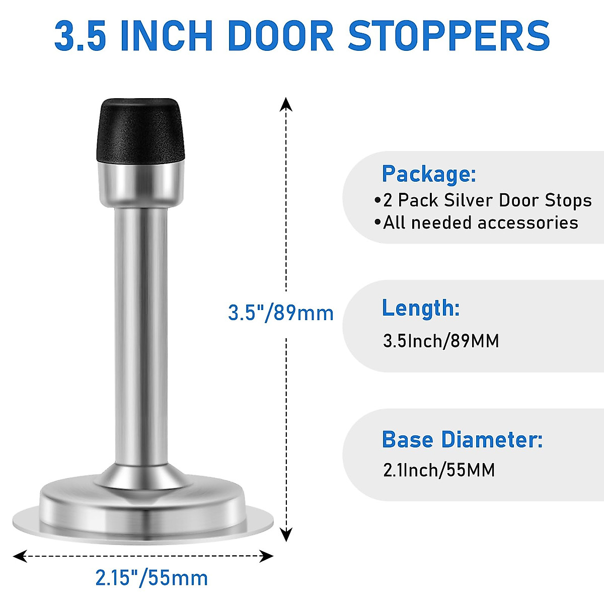 Door Stoppers, 3.5 Inch Door Stops for Bottom of Door, Wall Mounted Self Adhesive Door Stop with Black Rubber Bumper Stainless Steel Modern Doorstop Brushed Nickel No Drill Door Stopper, Silver 2 Pack