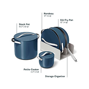 Caraway Cookware+ Collection - Specialty Cookware Set - Petite Cooker, Stir Fry Pan, Rondeau, & Stock Pot - 3 Lids & Storage Organizer Included - Navy