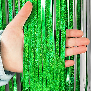 Green Tinsel Foil Fringe Curtain Backdrop, 3.3 x 8.2 ft Metallic Glitter Curtain Streamers, 2 Pack Green Photoboth for Birthday St Patrick's Day Christmas Party Decorations