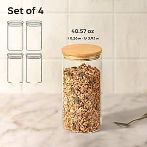 Praknu Glass Food Storage Jars 40oz - Set of 4 Airtight Storage Container with Bamboo Lid - Clear Borosilicate Glass - Dishwasher Safe - Pantry Storage Containers