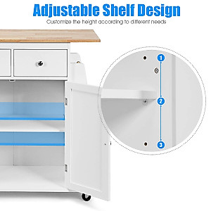 Giantex Kitchen Island Cart, Rolling Wood Trolley with Storage Cabinet, Towel Handle, 2 Drawers, Side Spice Rack and Wine Bottle Rack, Kitchen Cart on Wheels, Rubber Wood Countertop (White)