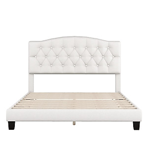 Queen Size Bed Frame, Modern Luxury upholstered Platform Bed with headboard, Heavy Duty Button Tufted Bed Frame, Wooden Slat Support, Easy to Assemble, no Need for Box Springs (Beige)
