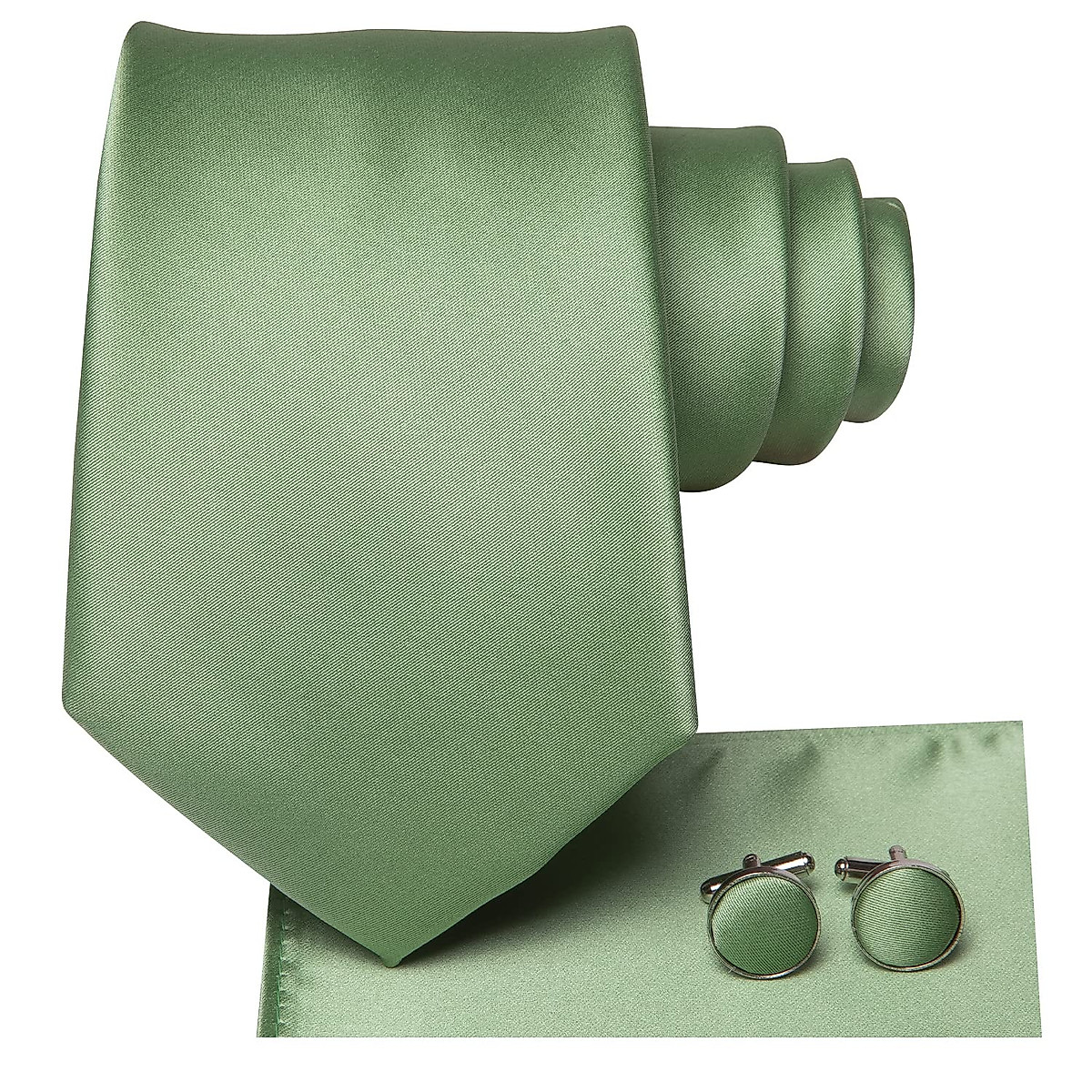 Hi-Tie Men Ties Sets Silk Stripe Paisley Necktie Pocket Square Cufflinks for Business Wedding,Sage Green