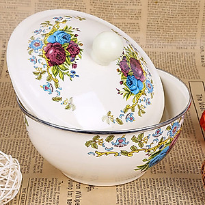 Cabilock Mixing Bowl Enamel Soup Bowl With Lid Flower Prints Enamelware Basin Old- fashioned Bowl Thickened Enamelware Bowl Large Capacity Vegetable Fruit Rice Pot Random Color Enamel Serving Bowls