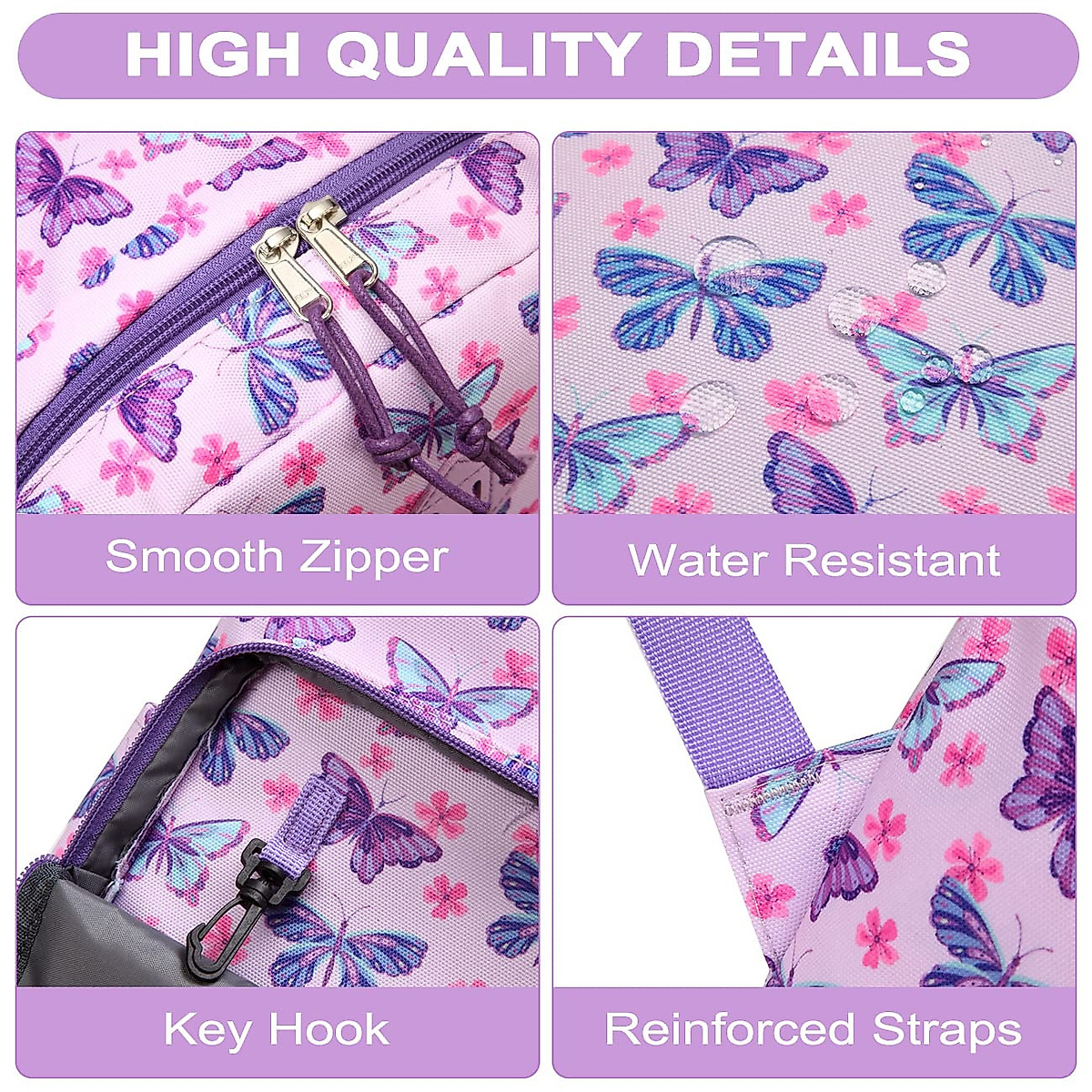 RAVUO Lightweight Butterfly School Backpack Bookbag and Lunch Bag Box Lunchbox Set for Girls