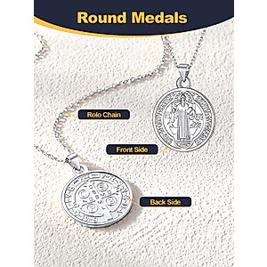 U7 Men Women St Benedict Necklace 925 Sterling Silver Round Medal Protect Saint Nursia Benedict Pendant and Chain 18 Inch