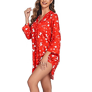 Ekouaer Women's Soft Nightgowns V Neck Button Down Warm Pajamas Dress Christmas Sleep Shirts