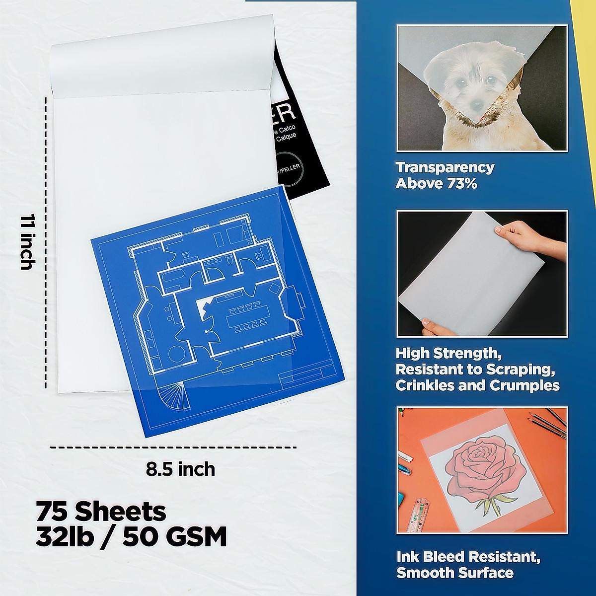 LOUPELLER 8.5” x 11” Tracing Paper for Drawing – 75 Sheets of 32lb / 50gsm – Wrinkle Free Highly Transparent Tracing Paper Pad – Works with Pen, Pencil & Marker – for Artists, Architects & Kids