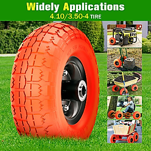 4.10 3.50-4 Tire and Wheel, 10 Inch Flat Free Tires 4 Pack with 5/8” Axle Bore Hole and Double Sealed Bearings, for Dolly Tires/Hand Truck Tires/Dump Cart Tires