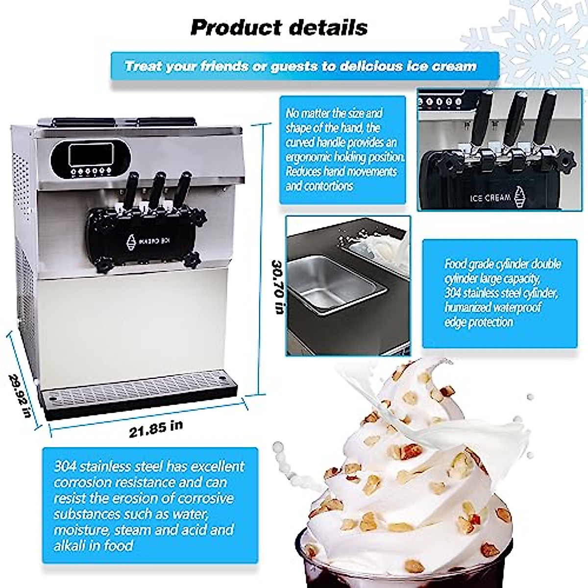 ice cream maker machine counter top soft serve ice cream machine for restaurant family party 2+1 flavor table top soft serve ice cream machine (silver)