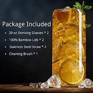 Fenspeed 2pcs Glass Cups with Lids and Straws Beer Can Drinking Glasses Set 20oz Iced Coffee Glasses Reusable Travel Tumbler Cup for Boba Smoothie Juice