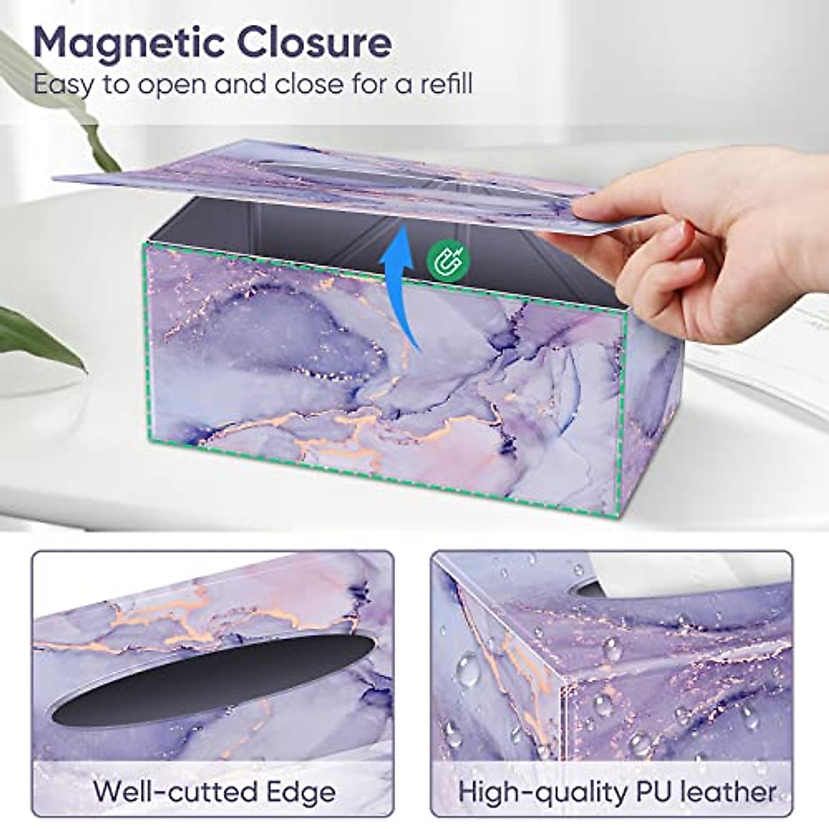 Tissue Box Holder, FINPAC Rectangular PU Leather Foldable Facial Tissue Napkin Box Covers Decor Holder for Living Room, Bathroom, Kitchen Countertop, Lilac Marble
