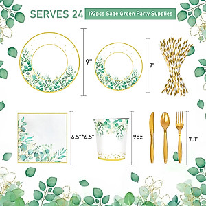 192PCS Sage Green Party Decorations Sage Green Plates Napkins Cups Straws Cutleries Party Supplies Eucalyptus Greenery Tableware for Baby Shower Bridal Shower Birthday Gender Neutral, Serves 24