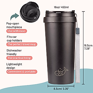bioGo Cup, Rice Husk Fibre, BPA-Free, Double Wall Insulation Reusable Coffee Cups, On-The-Go Travel Mug, Screw Tight Lid, Textured Grip, Ultra Lightweight (Midnight Black, 16oz)